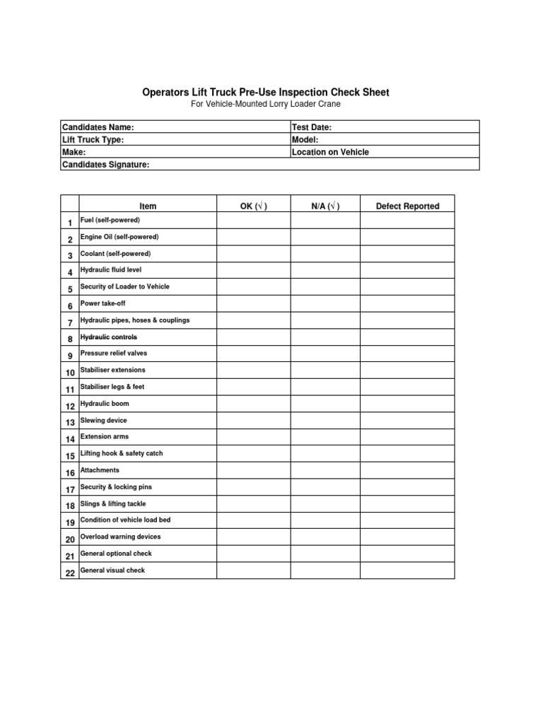Pre-Use Check Sheet Lorry Loader Crane | PDF