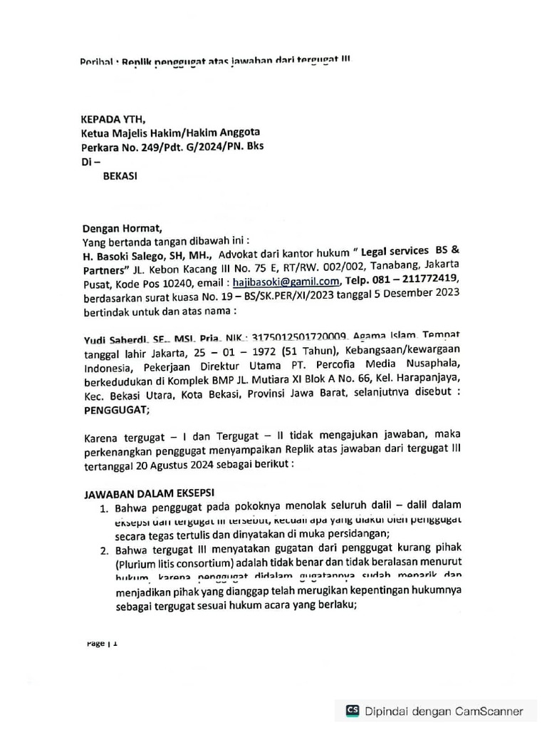 Replik Penggugat Atas Jawaban Dari Tergugat III No. 249 | PDF