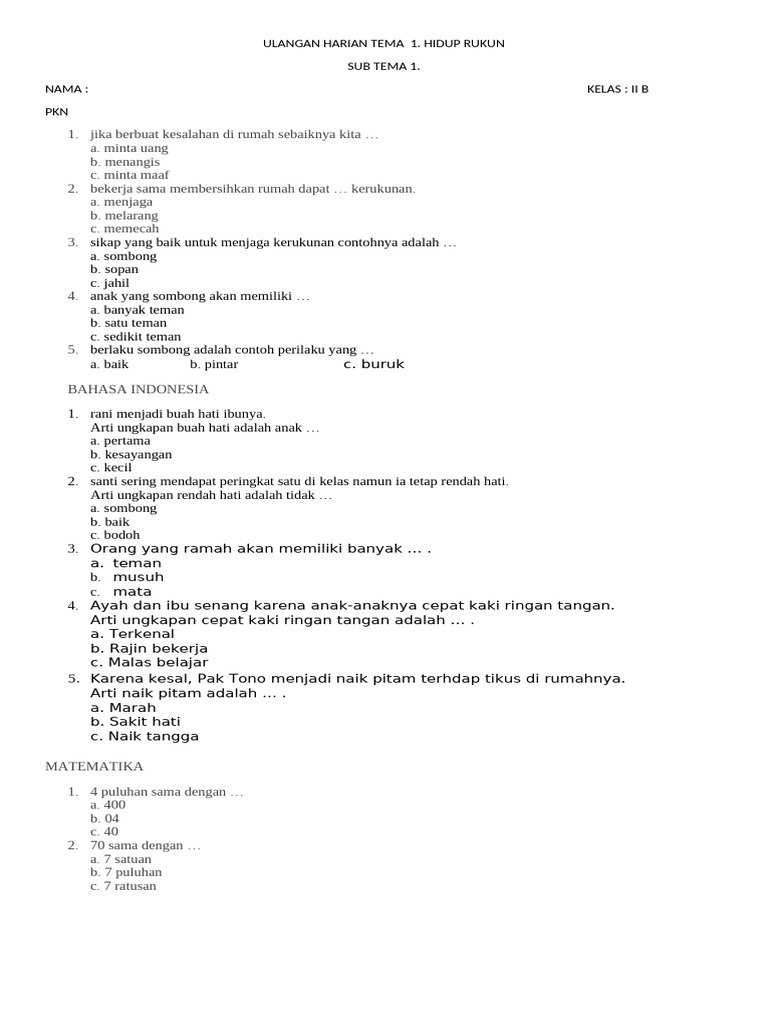 UH TEMA 1 KELAS 2 SUB TEMA 1 | PDF