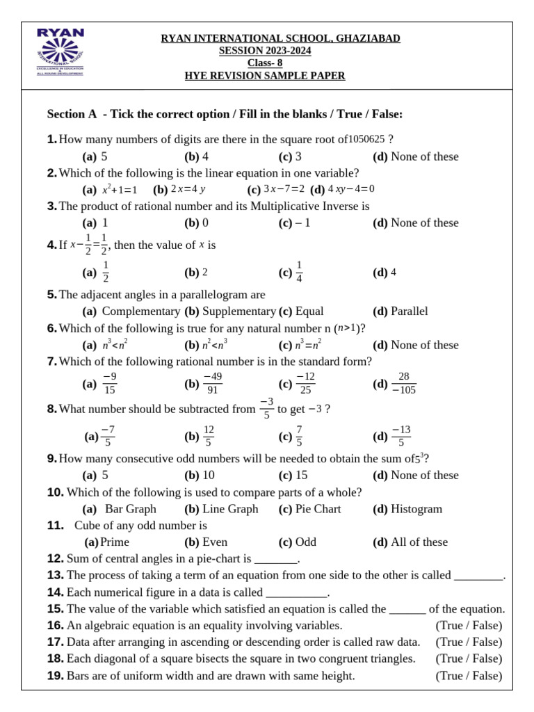Class 8 HYE Revision Sample Paper | PDF | Mathematical Analysis ...