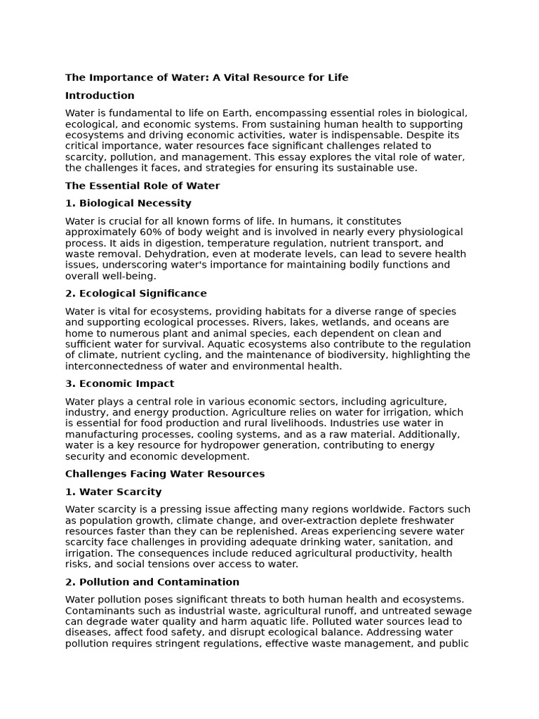 The Importance of Water A Vital Resource For Life | PDF