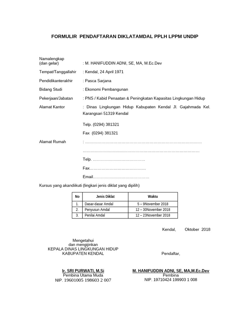 Formulir Pendaftaran Diklat Amdal Semester III Hanifuddin Adni | PDF
