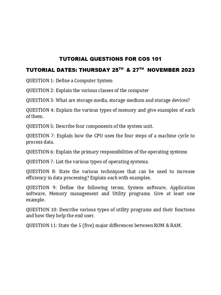Cos 101 Tutorial Questions | PDF