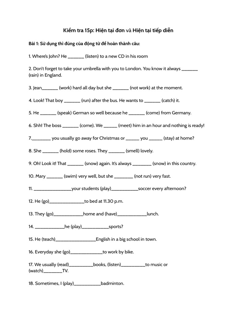 Kiểm tra 15p - Hiện tại đơn và Hiện tại tiếp diễn | PDF