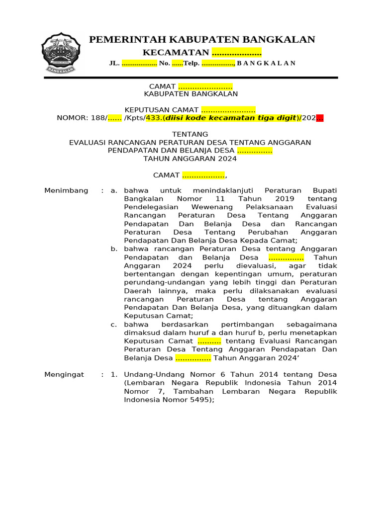 Sk. Camat TTG Evaluasi Rancangan Perdes Apbdes (Ta. 2024) | PDF
