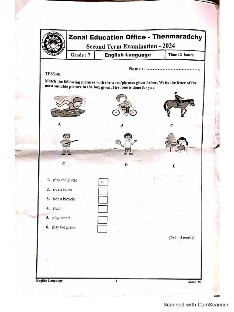 English - Grade 7 - Second Term Test 2024 - Thenmaradchy | PDF