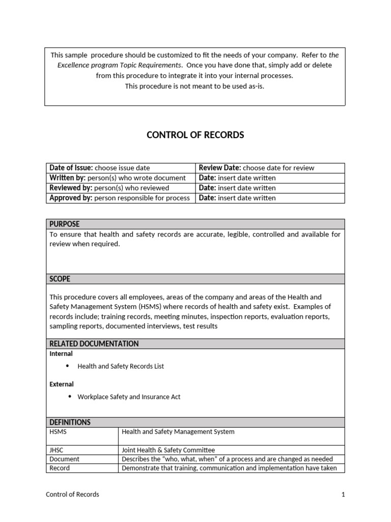 Control of Records - Sample Procedure | PDF | Occupational Safety And ...