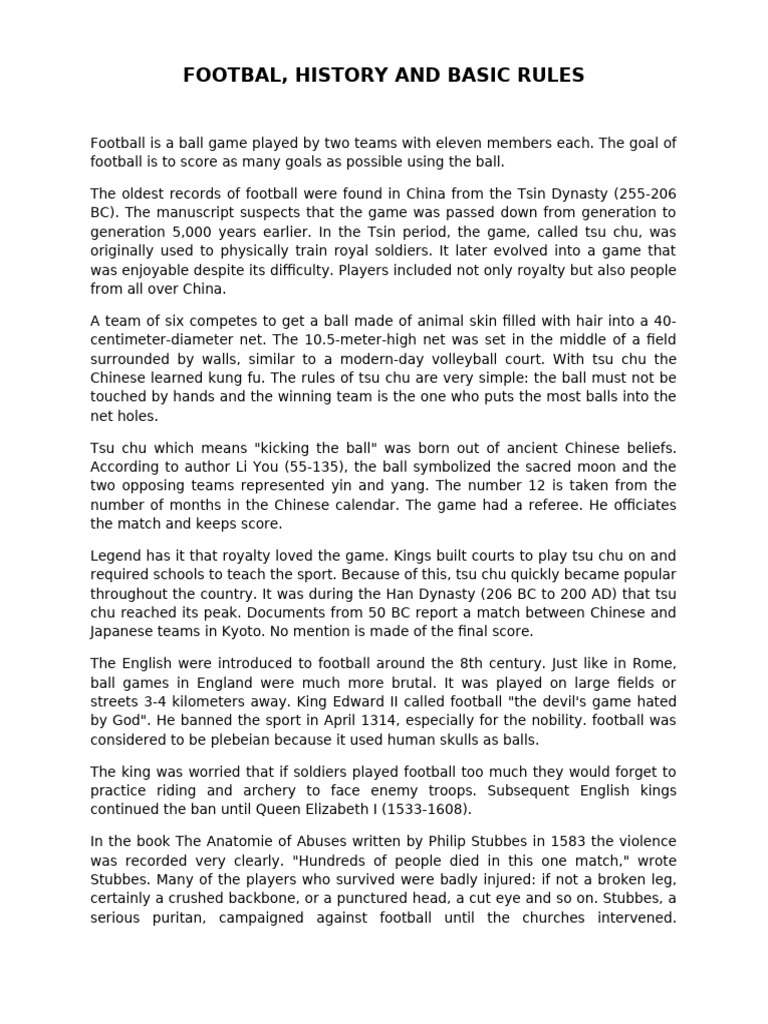 FOOTBAL,History and Basic Rules | PDF