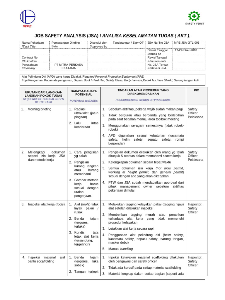 MPE-JSA-Pemasangan Dinding Bata | PDF