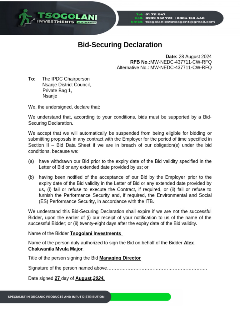 BID SECURING DECLARATION - Docx Zibahwe | PDF