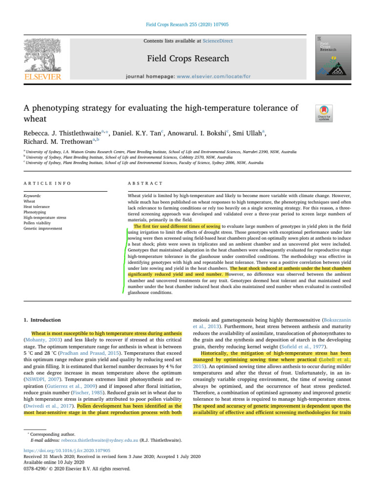 A Phenotyping Strategy For Evaluating The High-Temperature Tolerance of ...