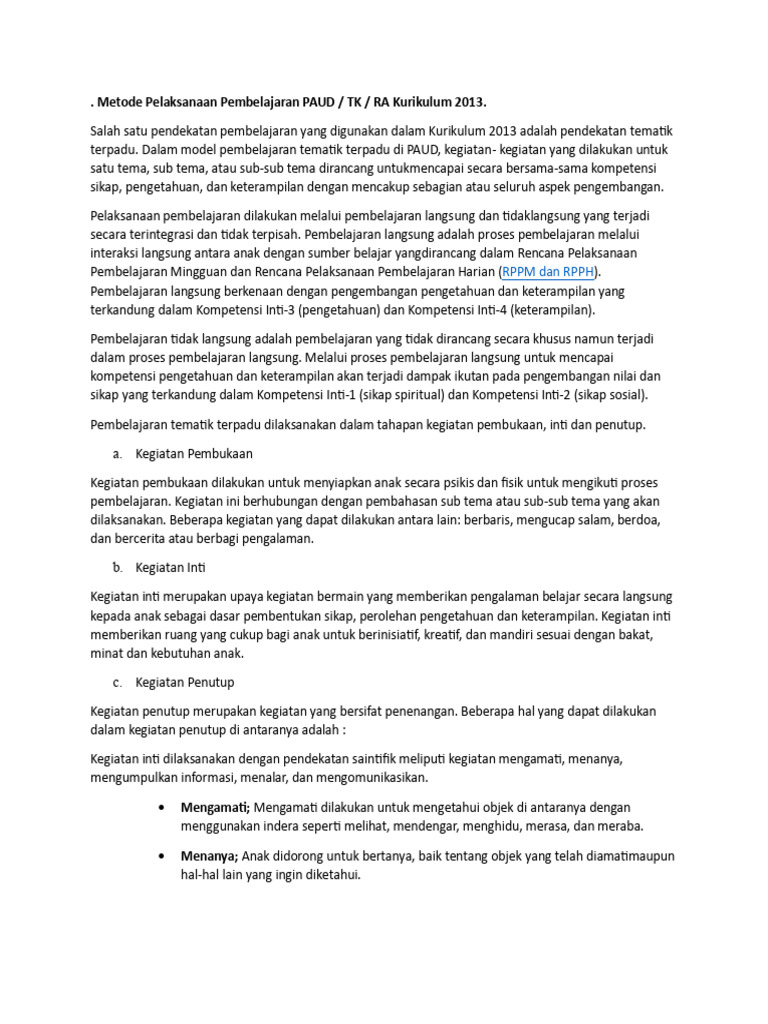 Metode Pelaksanaan Pembelajaran TKN KUTA TRIENG | PDF