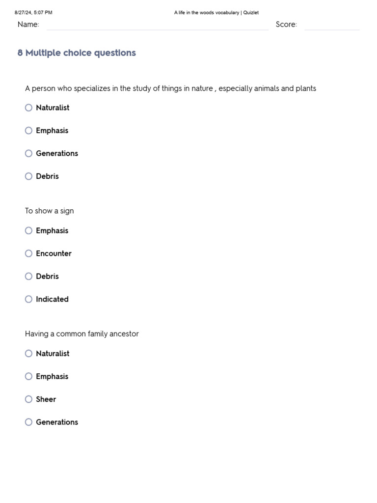 A Life in The Woods Vocabulary - Quizlet | PDF