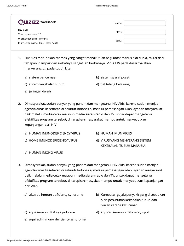 Worksheet - Quizizz | PDF
