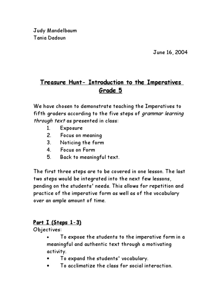 Treasure Hunt-Introduction To The Imperatives Grade 5: Part I (Steps 1 ...