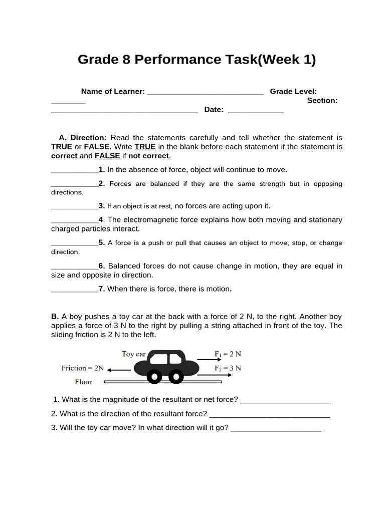 Grade 8 Physics True/False Task | PDF
