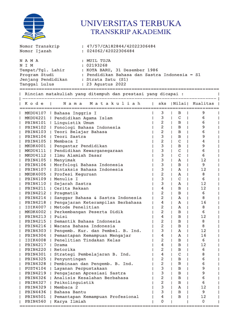 Transkrip S1 Bahasa Indonesia Universitas Terbuka Muil Tuja 2018 1 | PDF