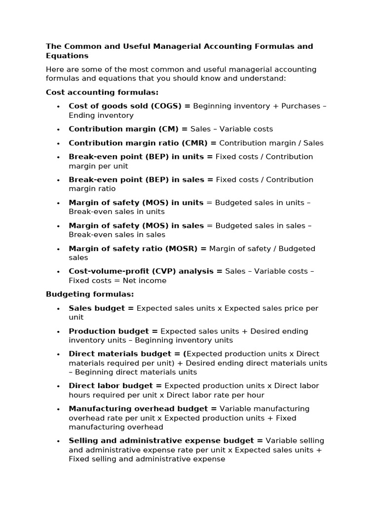 Management Accounting Formulas and Equations | PDF