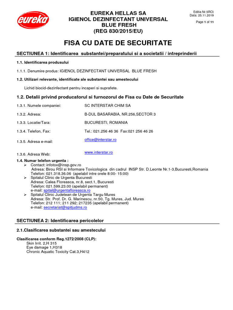 Fisa Cu Date de Securitate Igienol Dezinfectant Univ Blue Fresh | PDF
