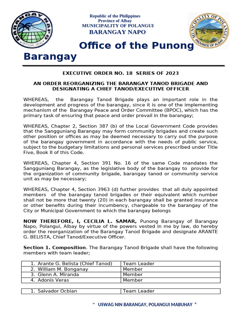 Tanod Members Executive Order 2023 | PDF
