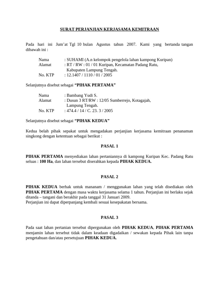 Surat Perjanjian Kerjasama Kemitraan | PDF