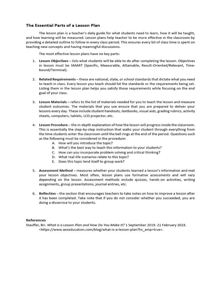 Essential Part of A Lesson Plan | PDF