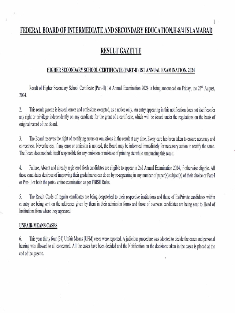 Fbise Result Gazette 2024 - 240823 - 115543 | PDF