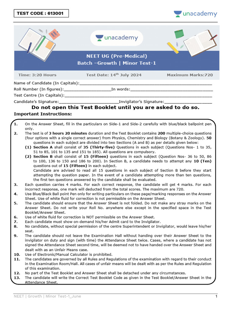 613001_NEET Growth-3 Minor Test_Student Copy_14-7-2024 | PDF