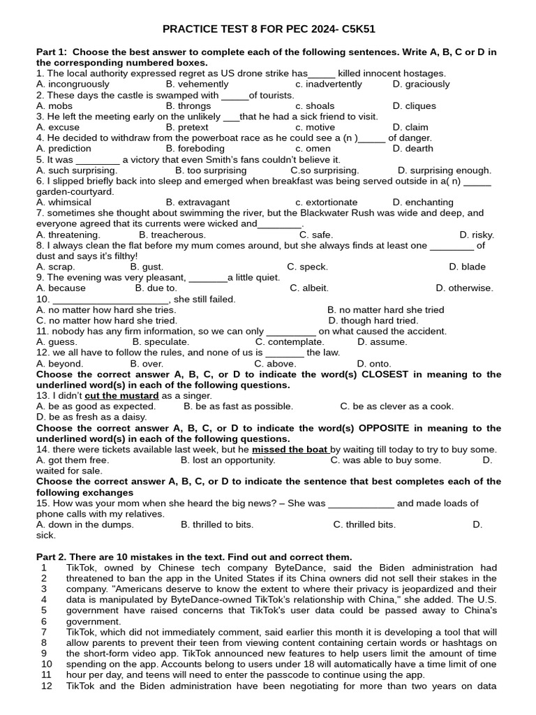 Practice Test 8 For Pec 2024 | PDF