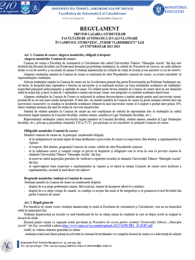 Regulament Cazare Studenți Iași 2023-2024 | PDF