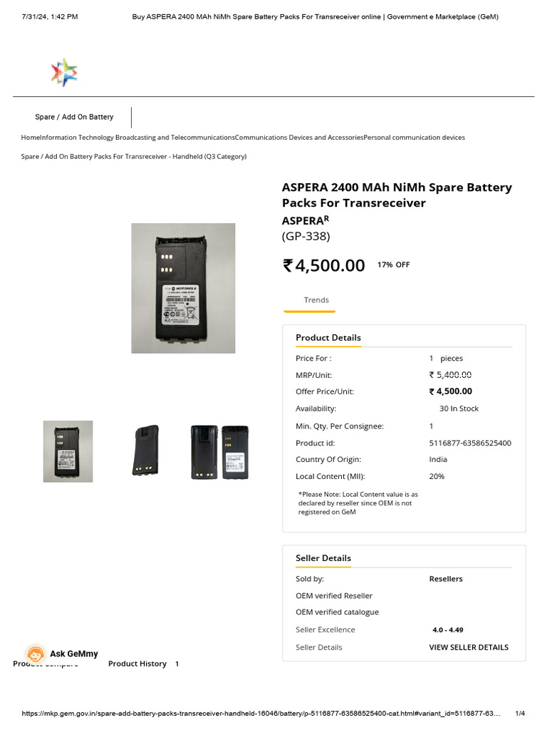 Buy ASPERA 2400 MAh NiMh Spare Battery Packs For Transreceiver Online ...