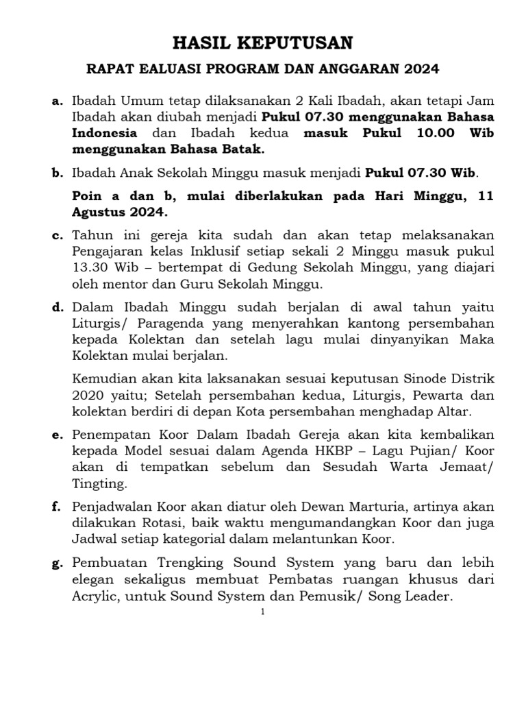 Keputusan Rapat Evaluasi Program Dan Anggaran 2024 | PDF