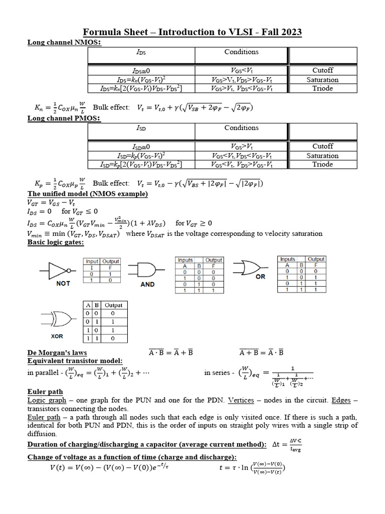 Formula Sheet VLSI Fall 23 | PDF