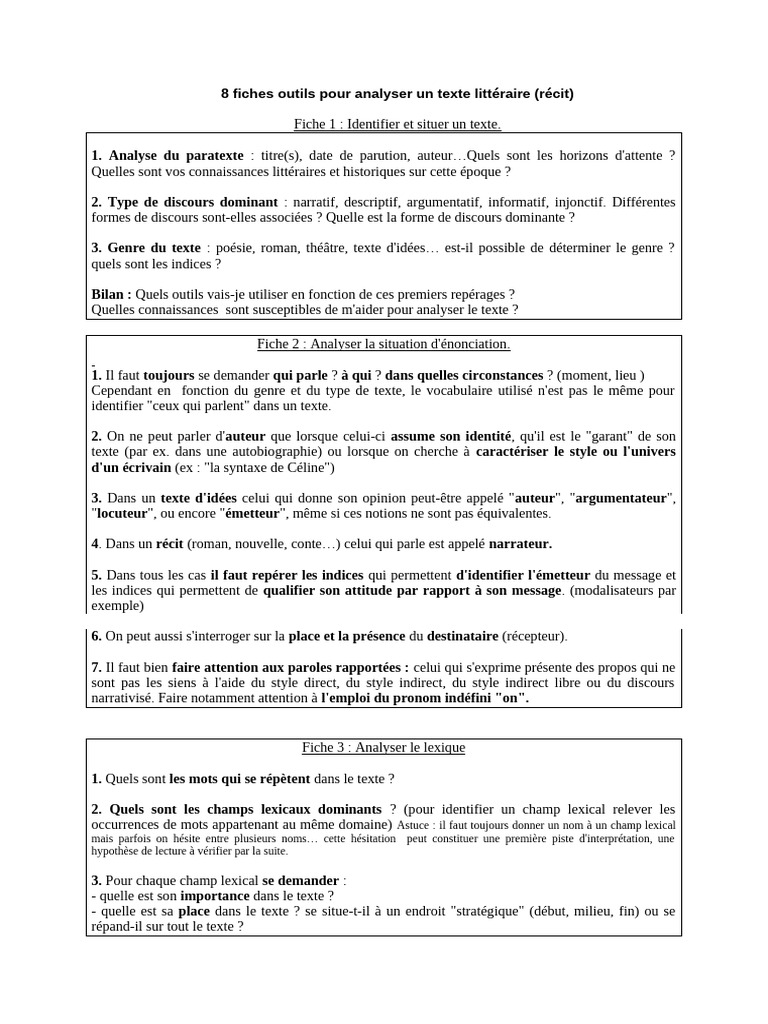 8 fiches outils pour analyser un texte littéraire | PDF