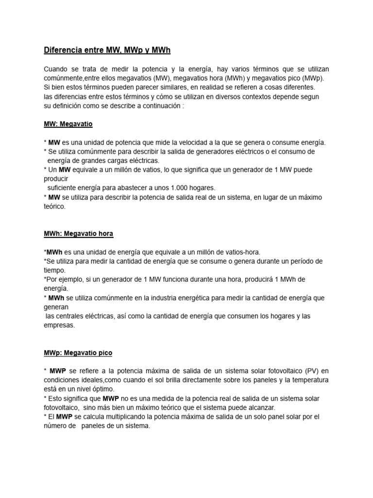 Diferencias entre MW, MWh y MWp | PDF | Vatio | Panel solar
