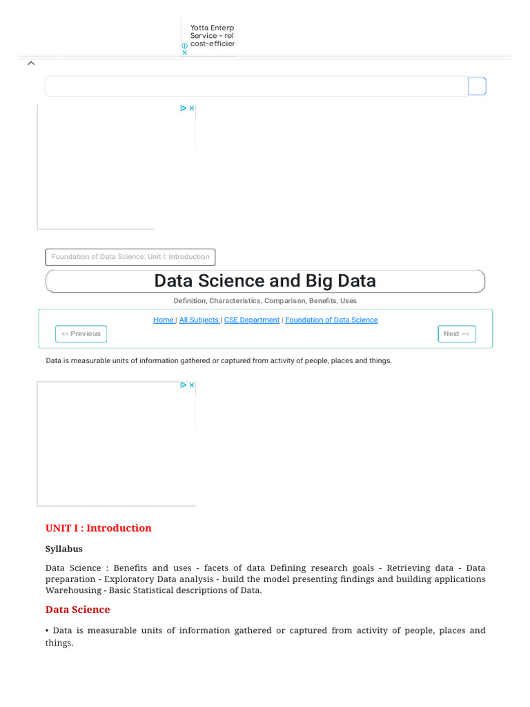 Data Science and Big Data - Definition, Characteristics, Comparison, Benefits, Uses | PDF