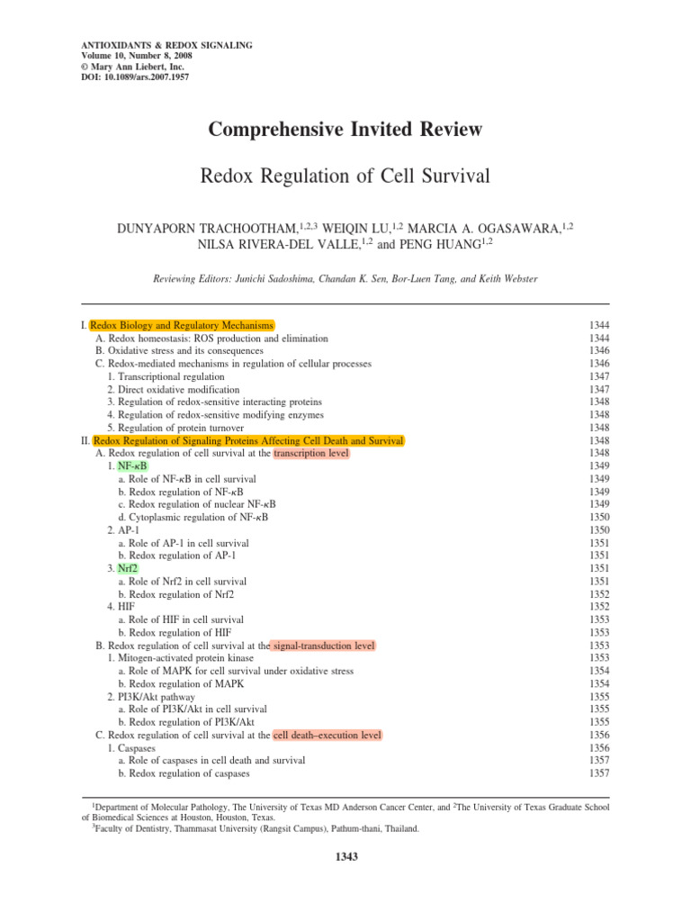 Redox Regulation of Cell Survival Review | PDF