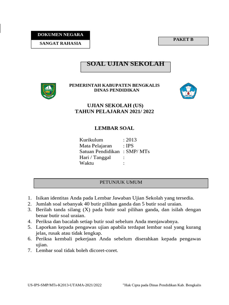 Soal Us Ips - 2021-2022 Paket - B | PDF
