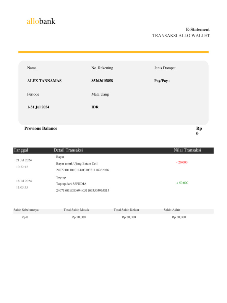 Allo Bank E-Statement - (072024) | PDF