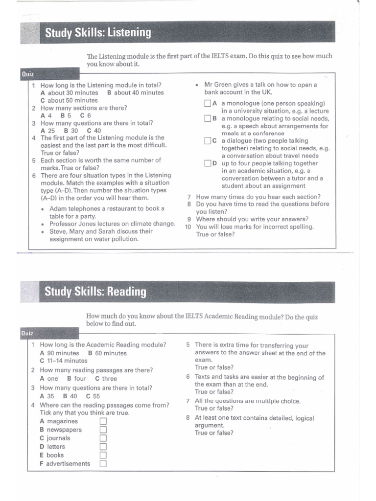 Study Skill Reading & Listening Quiz | PDF