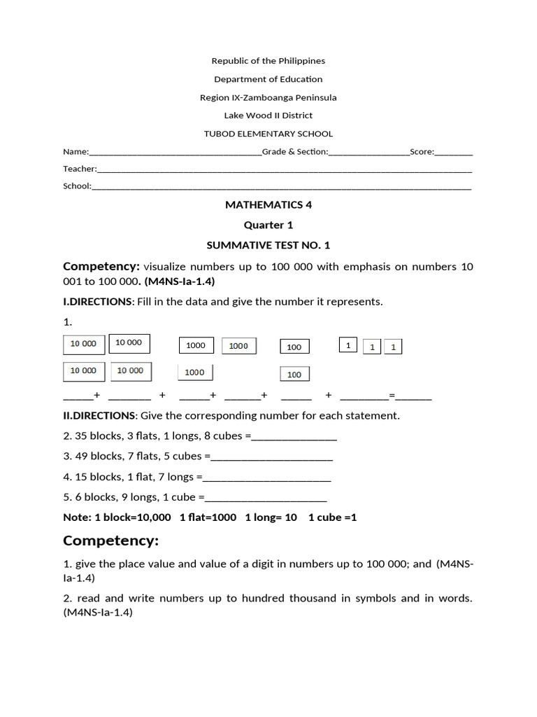 Summative Test Math 4 Q1 WK1-2 Gretylle | PDF