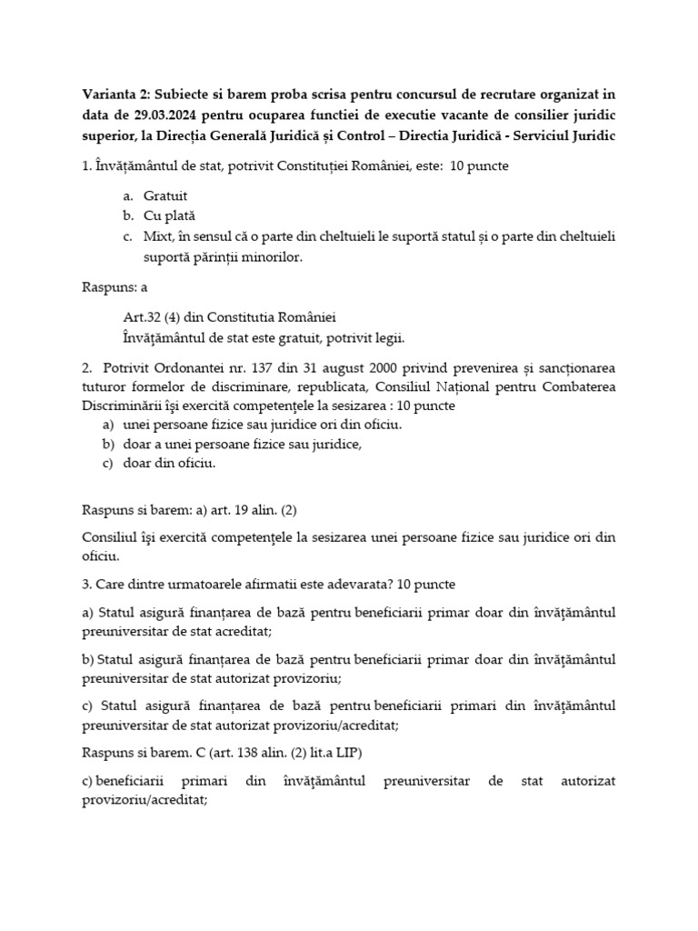 Varianta Subiect+barem Proba Scrisa Consilier Juridic | PDF