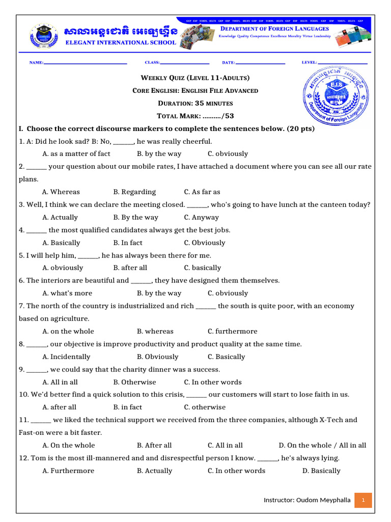 Weekly Quiz-Lv11-Unit-1B-1 | PDF