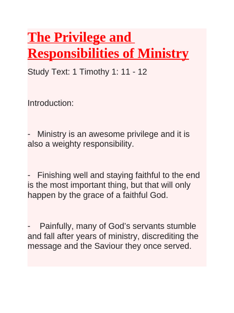 The Privilege and Responsibilities of Ministry | PDF