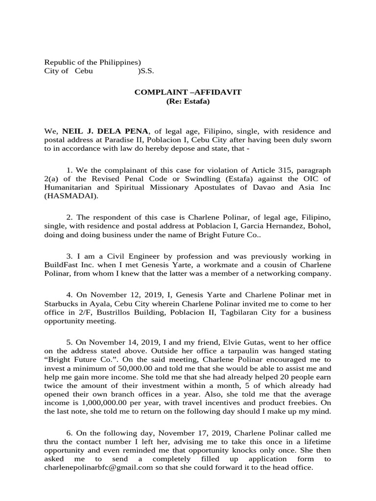 Fraud Complaint Against Charlene Polinar | PDF | Fraud | Affidavit