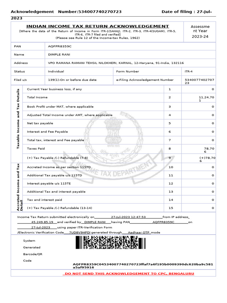 Dimple Rani - ITR - 23-24 | PDF