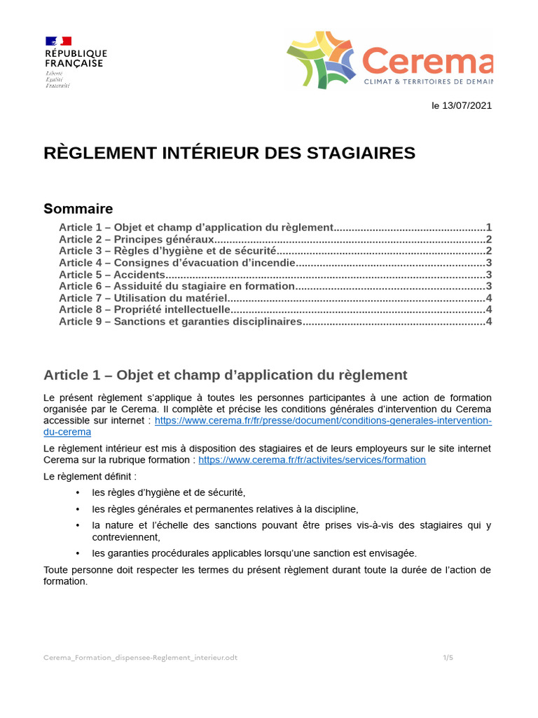 Cerema Formation Dispensee-Reglement Interieur 3 | PDF