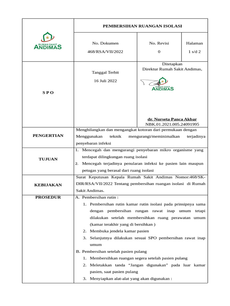 Spo Pembersihan Ruangan Isolasi | PDF