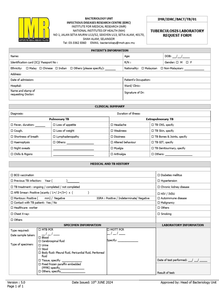 Tuberculosis Lab Request Form V 5.0 | PDF