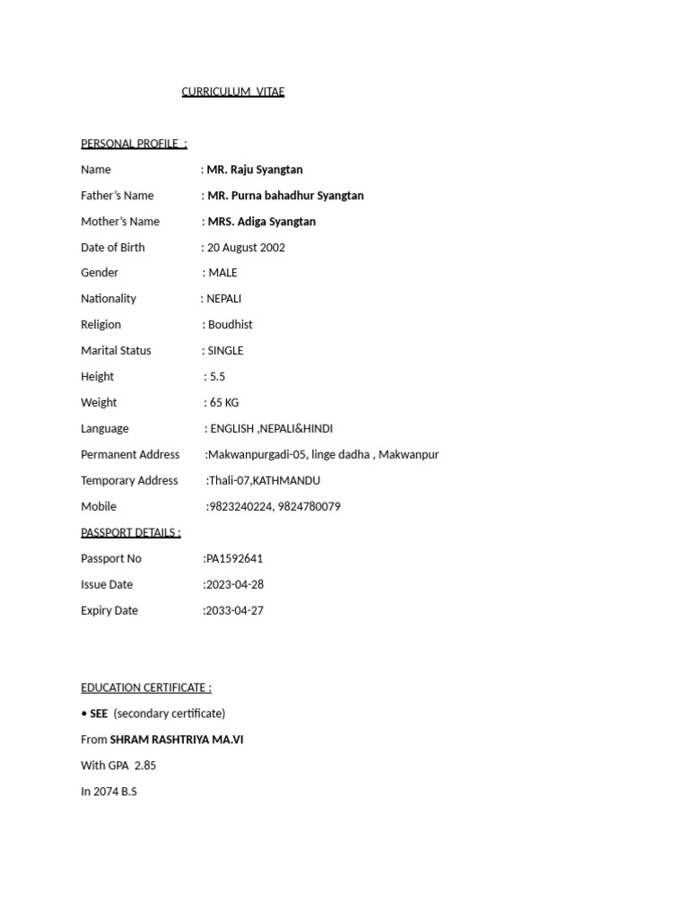 CV of Raju Syangtan | PDF